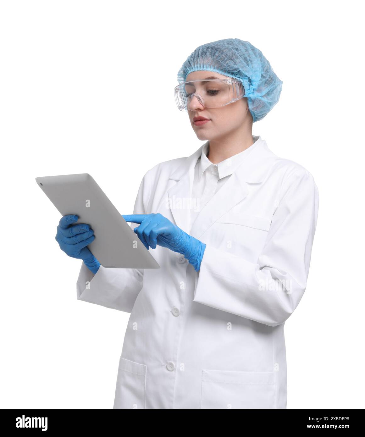 Quality control. Food inspector with tablet on white background Stock ...