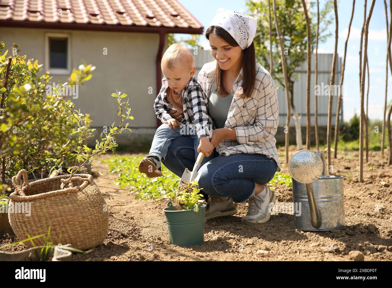 Mother and her cute son planting tree together in garden Stock Photo ...