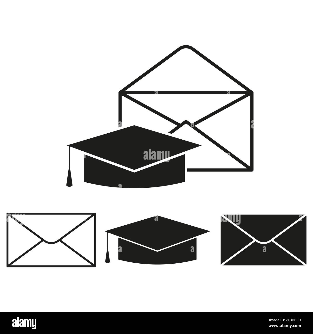 Graduation icon set. Mortarboard and envelopes. Black and white. Vector illustration Stock ...