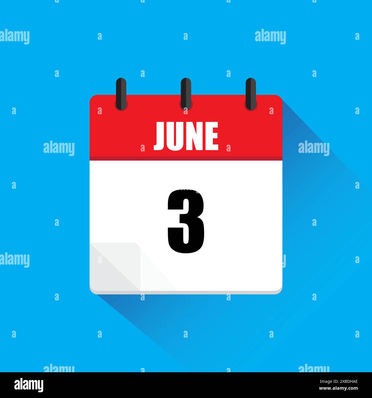 Calendar icon June. Red header June. Date number three. Blue background ...