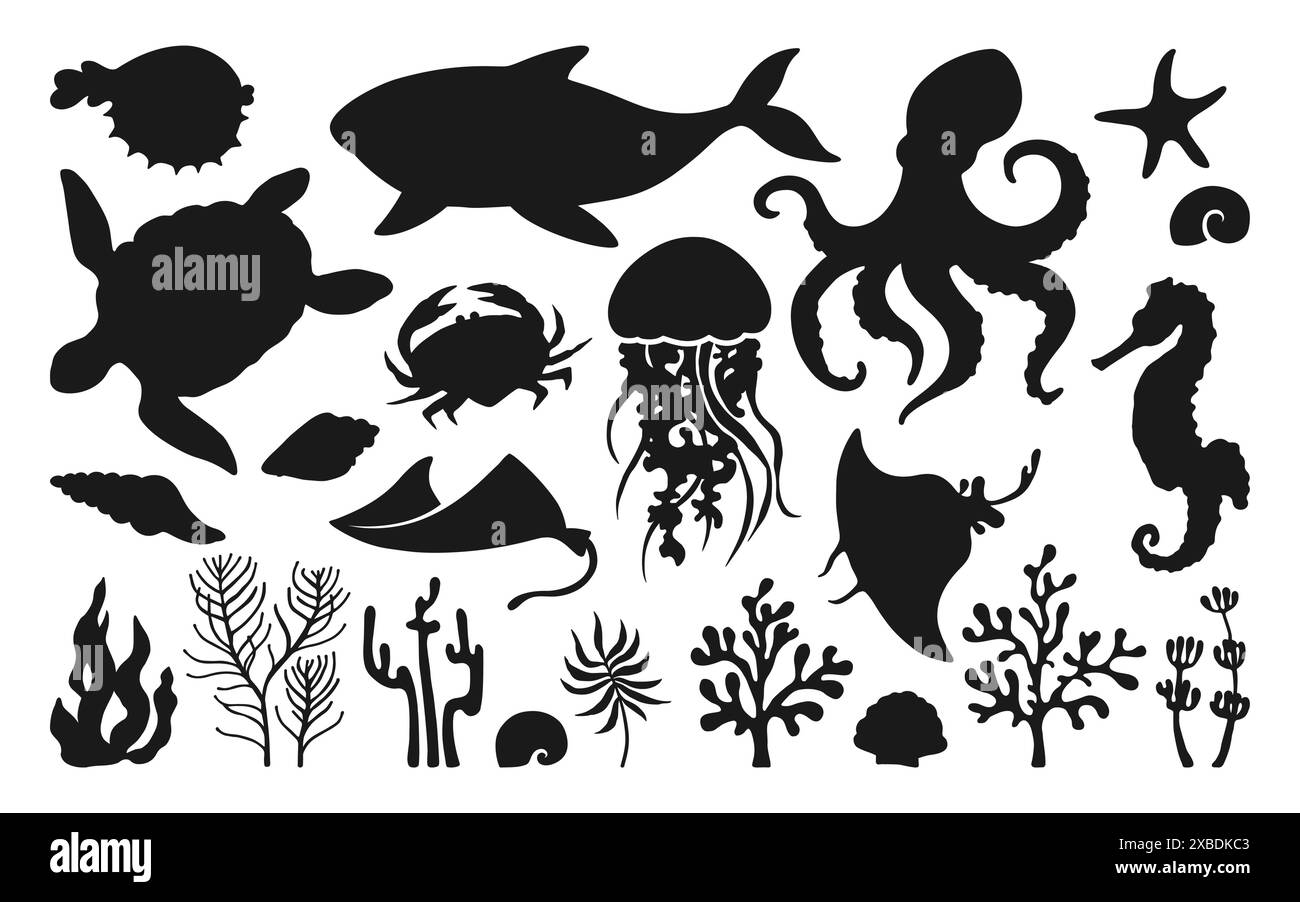 Ocean sea animals cartoon silhouette set. Marine shape comic design for ...