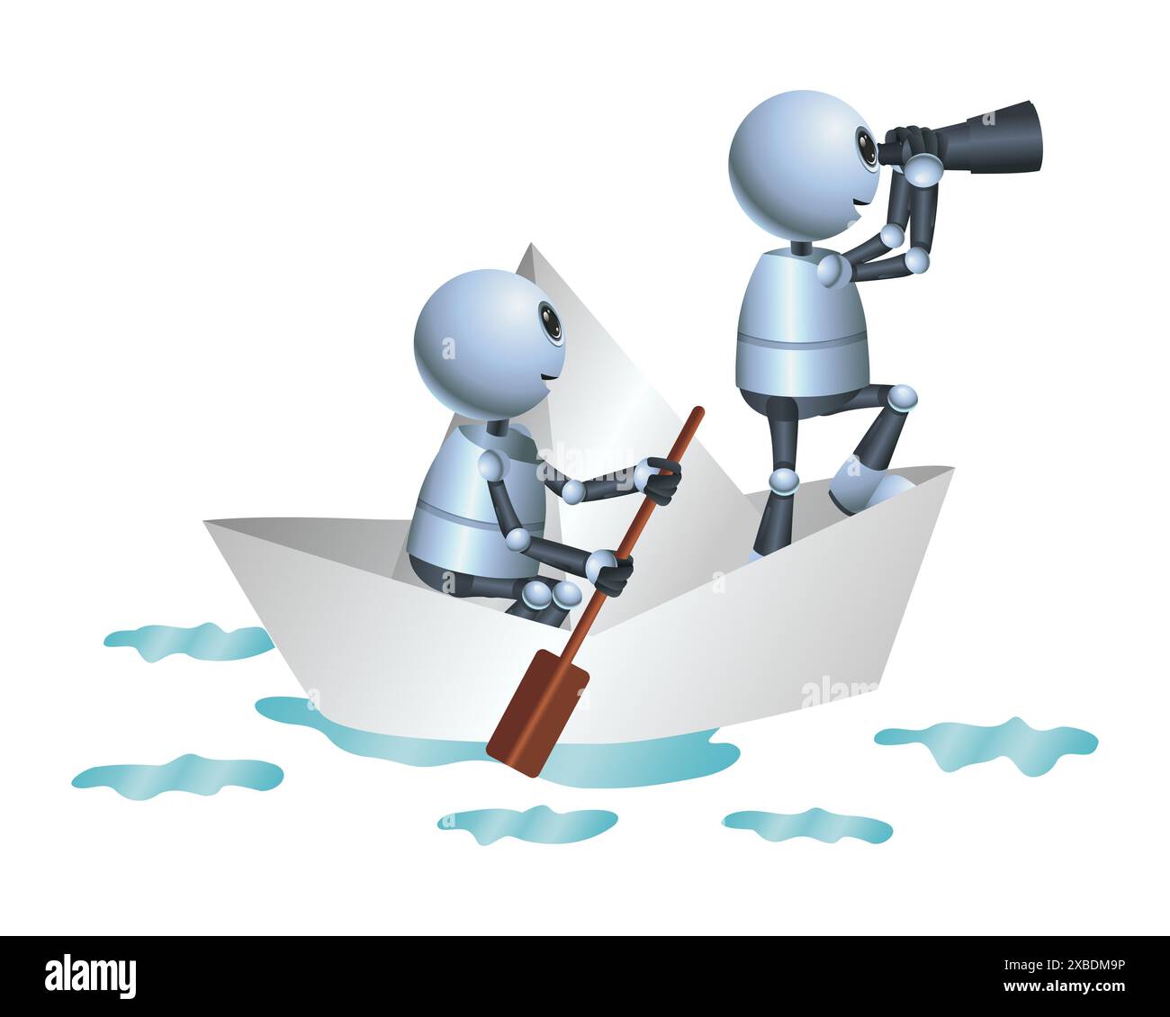 3D illustration of a little robot business success rowing paper boat as ...