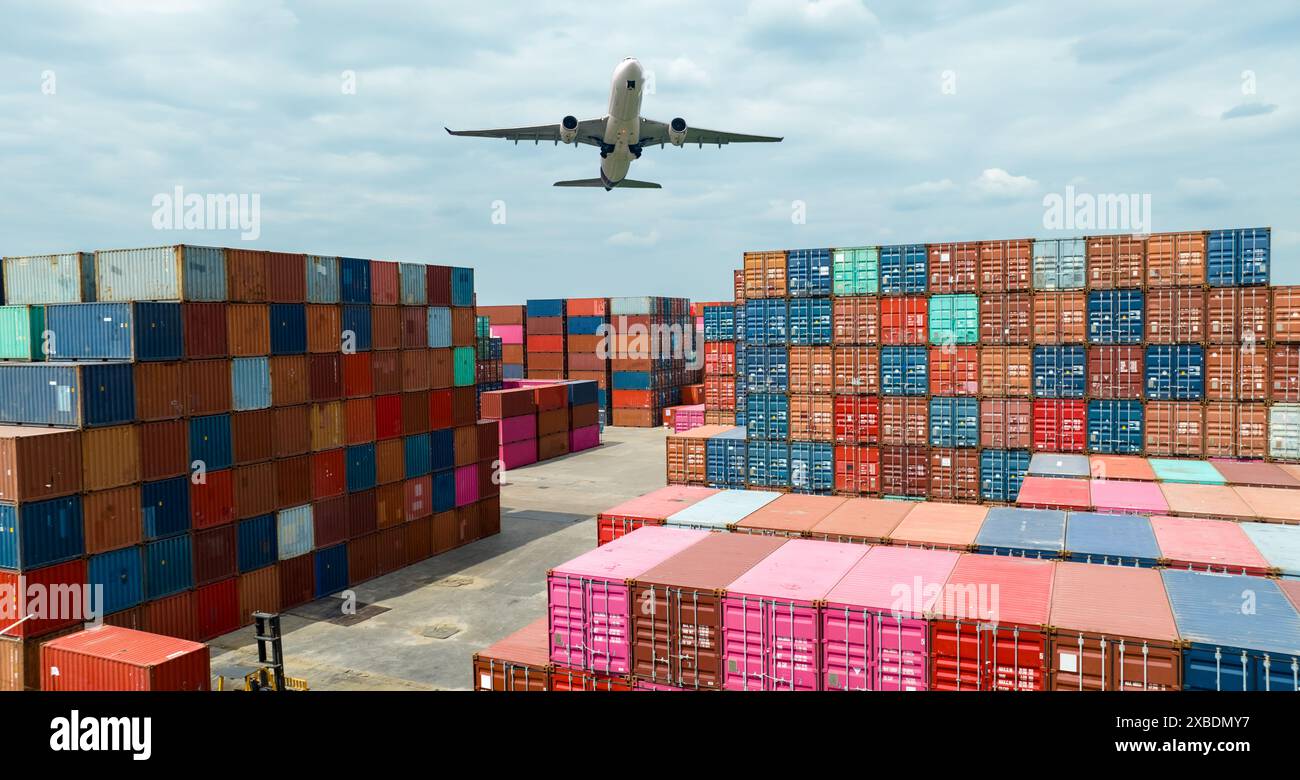 Airplane flying above container logistic. Container crisis. Freight ...