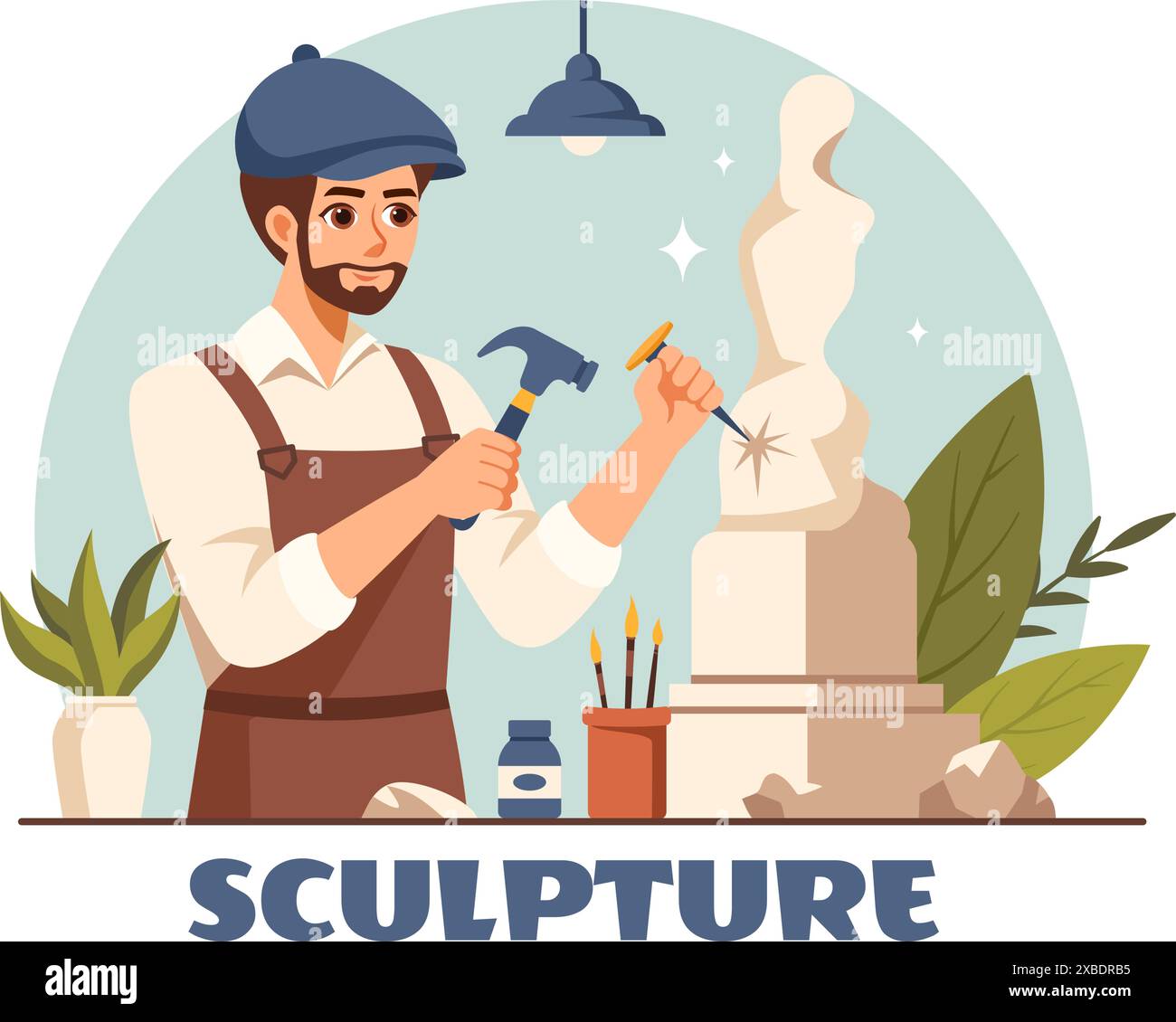 Stone Sculpture Vector Illustration featuring a Craftsman Carving a ...