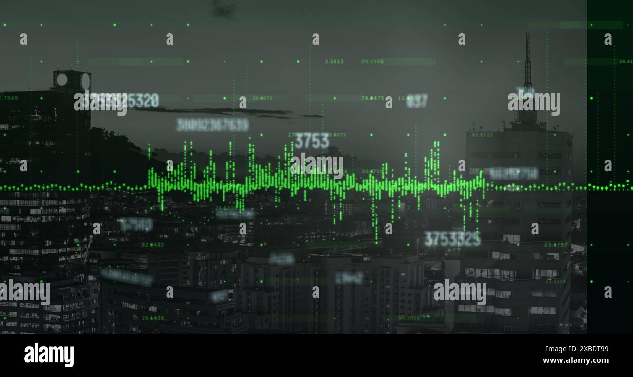 Image of green background digital data points and graphs overlaying ...