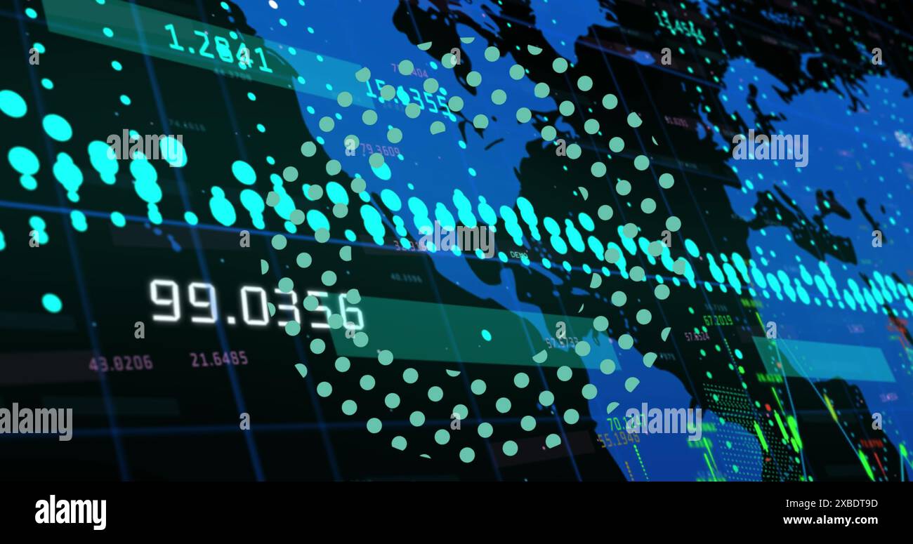 Image of multiple changing numbers and data processing over world map against black background ...