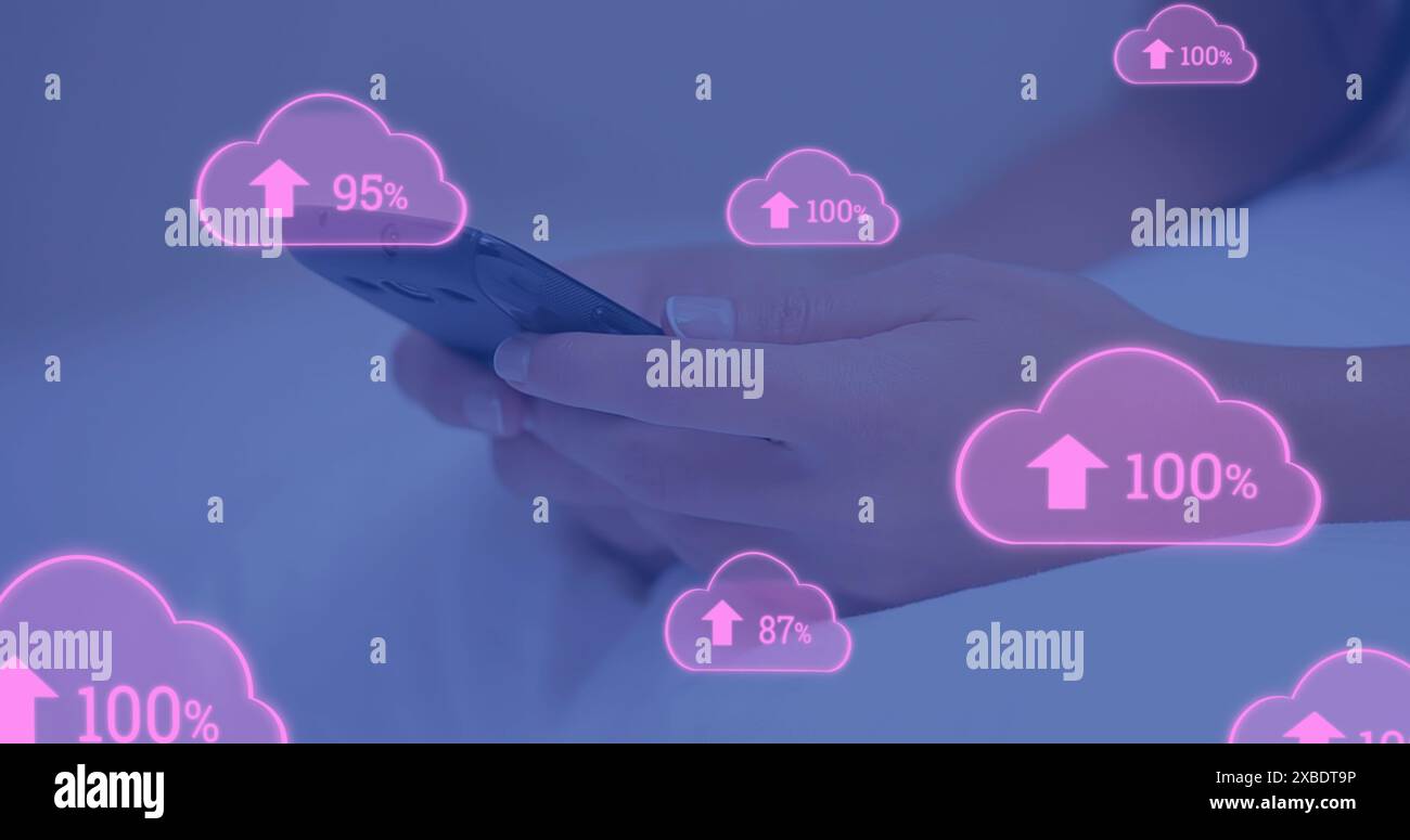 Image of cloud icons with growing numbers over hands of caucasian woman ...