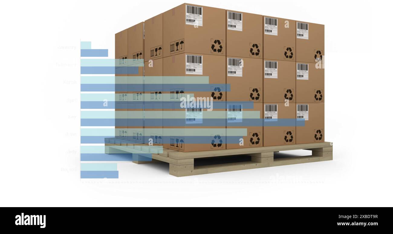 Image of graph with data processing over boxes on white background ...