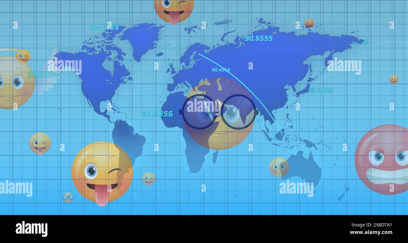 Image of world map with data processing over emoji icons on blue ...