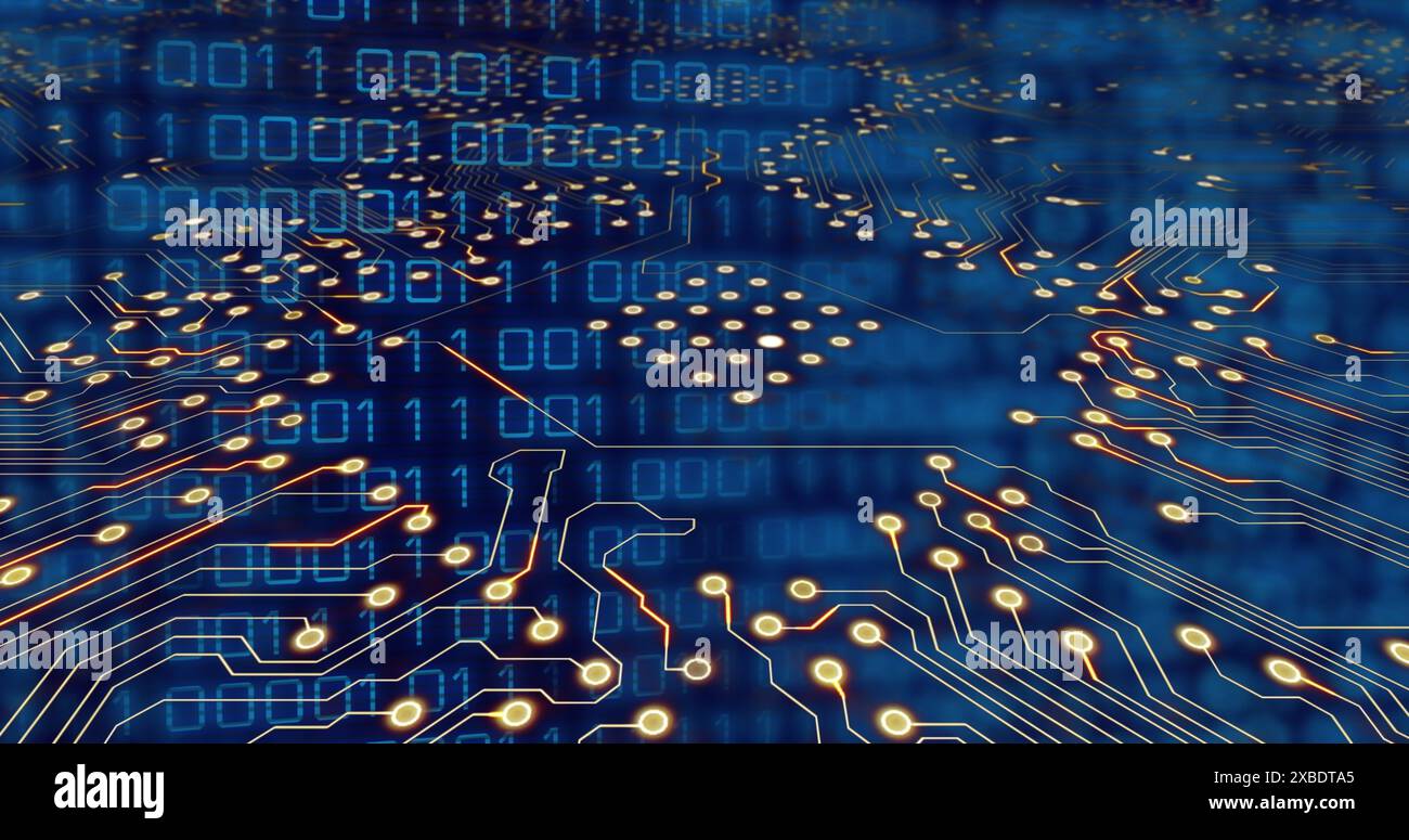 Image of glowing golden motherboard over binary data processing on blue ...