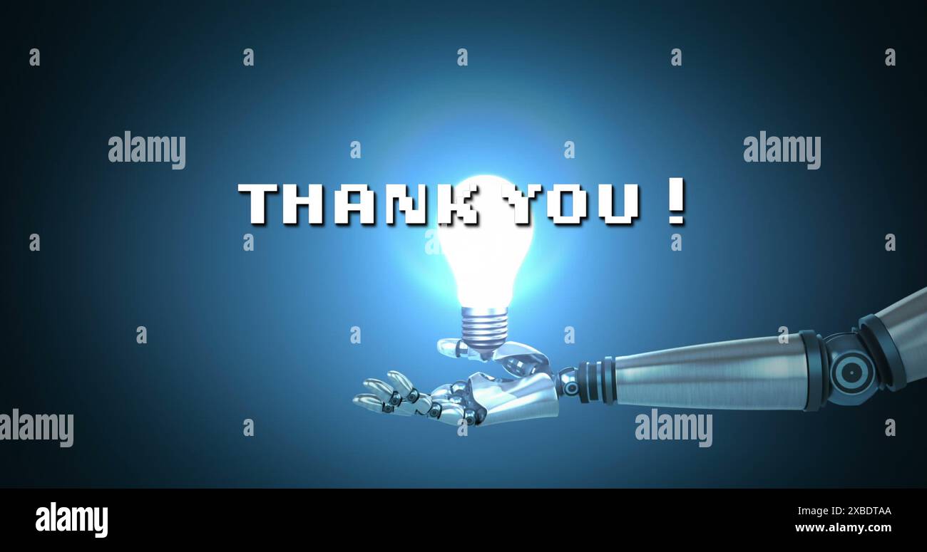 Image of thank you text over robotic hand holding light bulb on black ...