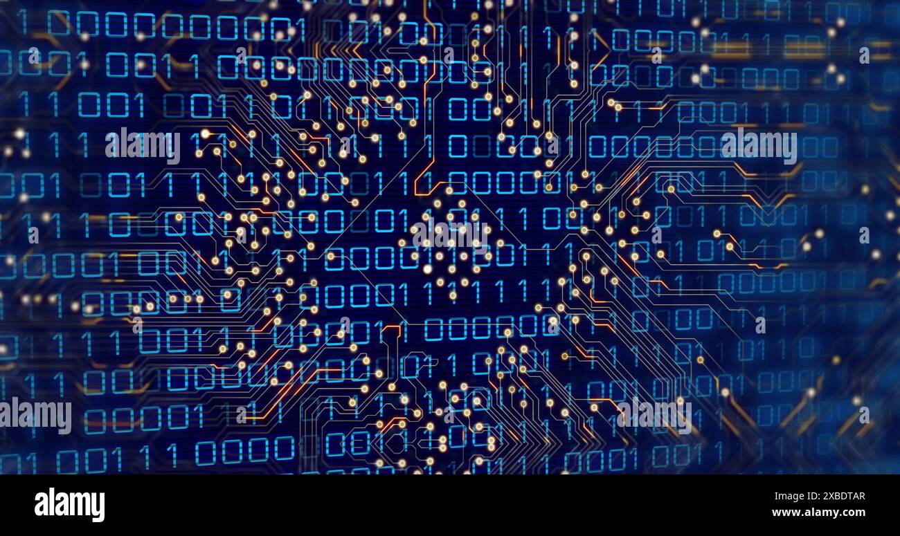 Image of glowing golden motherboard over binary data processing on blue ...