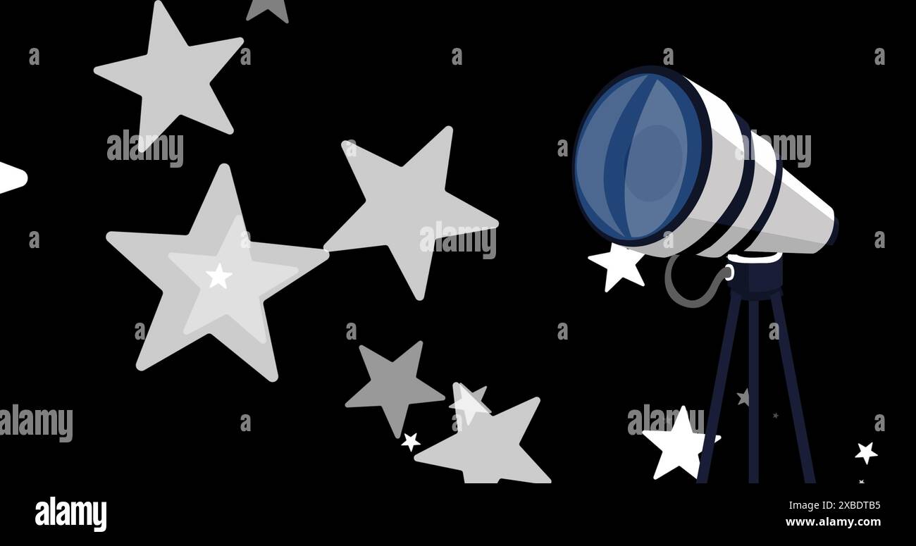 Image of multiple white stars falling and telescope on black background ...