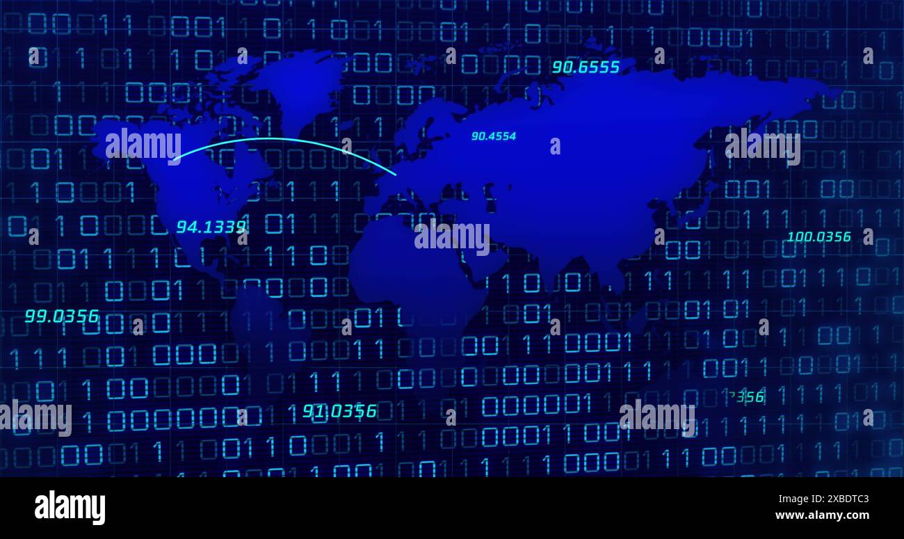 Image of blue world map and communication network over binary data ...
