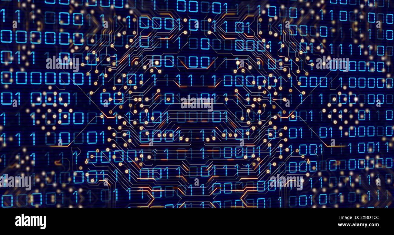 Image of glowing golden motherboard over binary data processing on blue ...