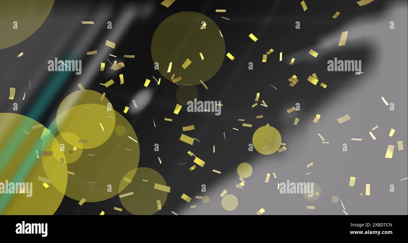 Image of confetti and light spots over data processing on black ...