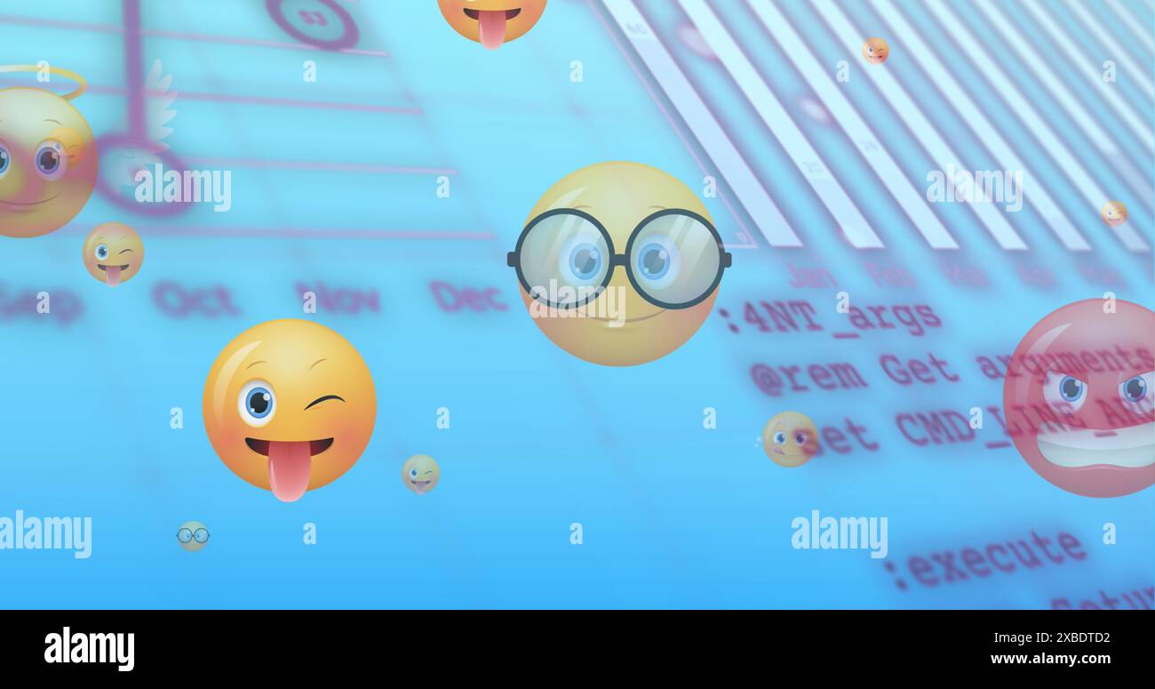 Image of emoji icons over graphs and data on blue background Stock ...
