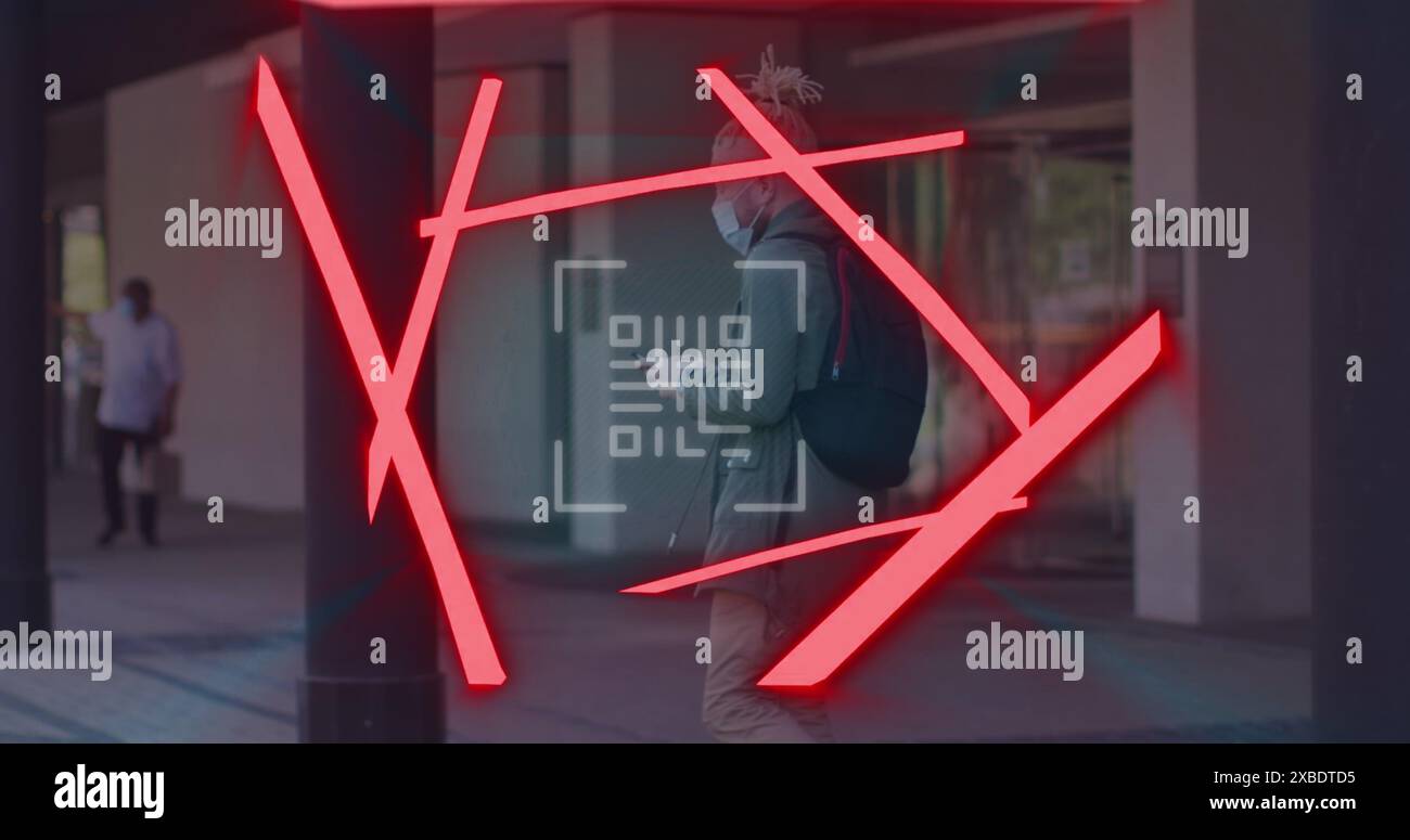 Image of digital qr code with red lines over african american man with ... Image of digital qr code with red lines over african american man with ...