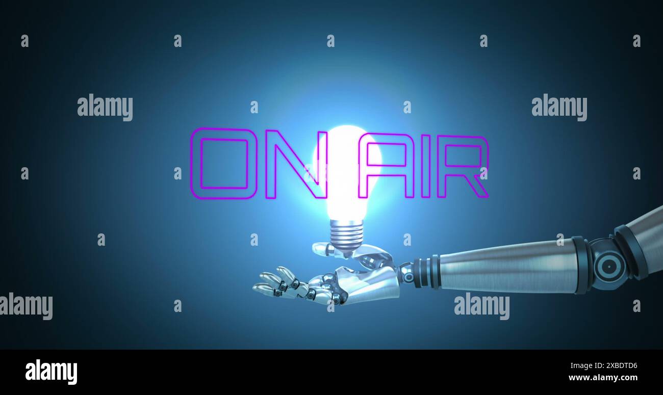 Image of on air text over robotic hand holding light bulb on black ...