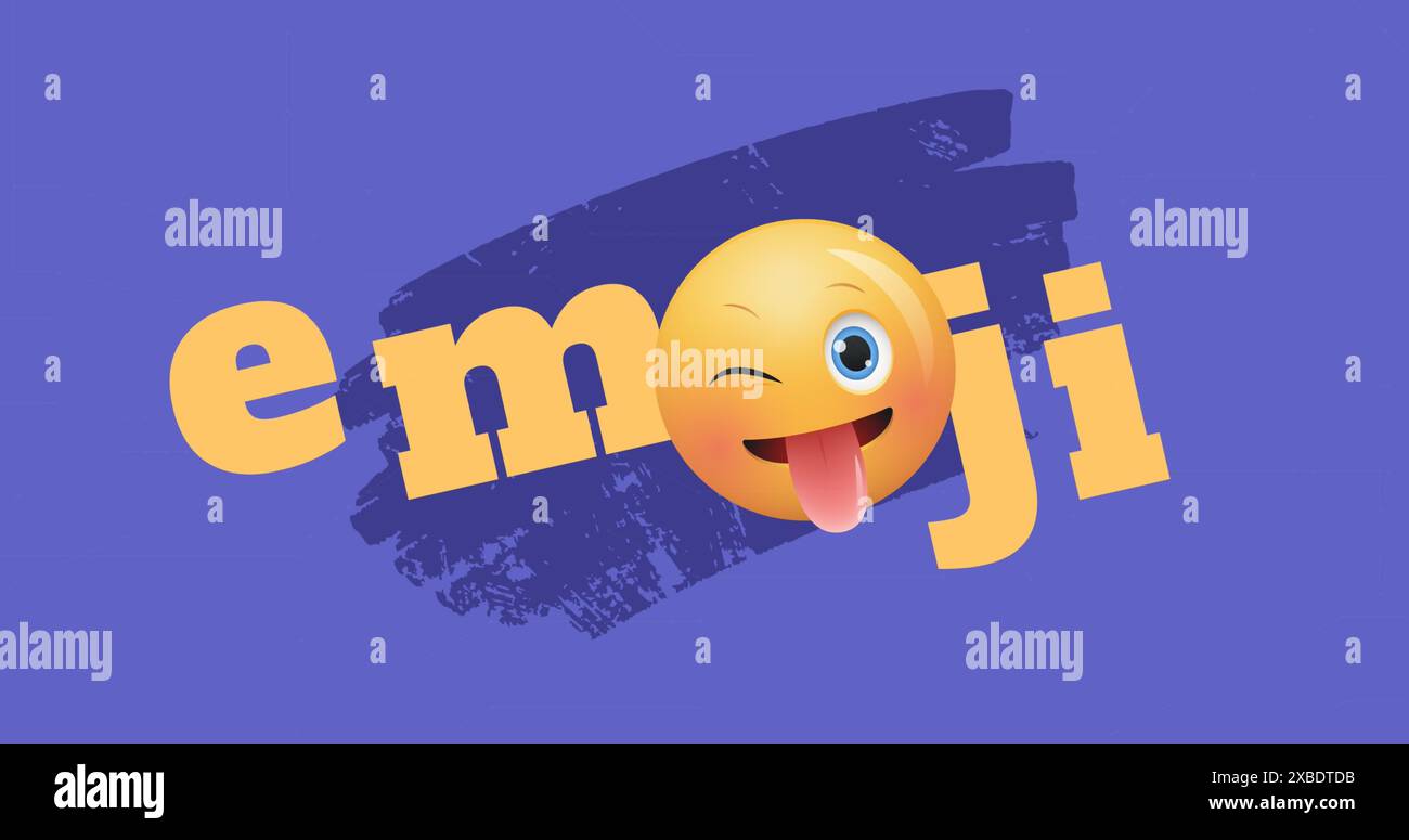 Image of emoji text with icon over data processing on blue background ...