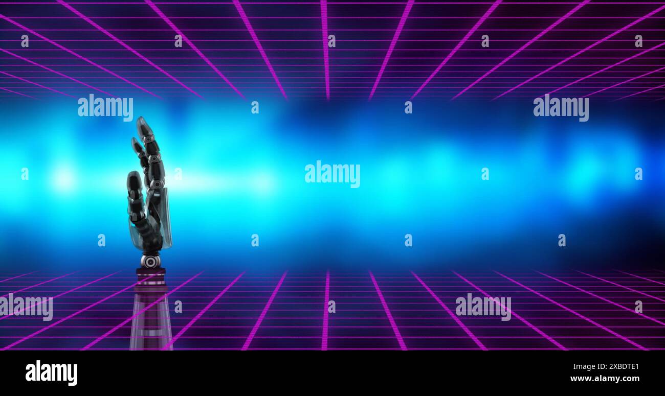 Image of on robotic hand over blue light on black background Stock ...