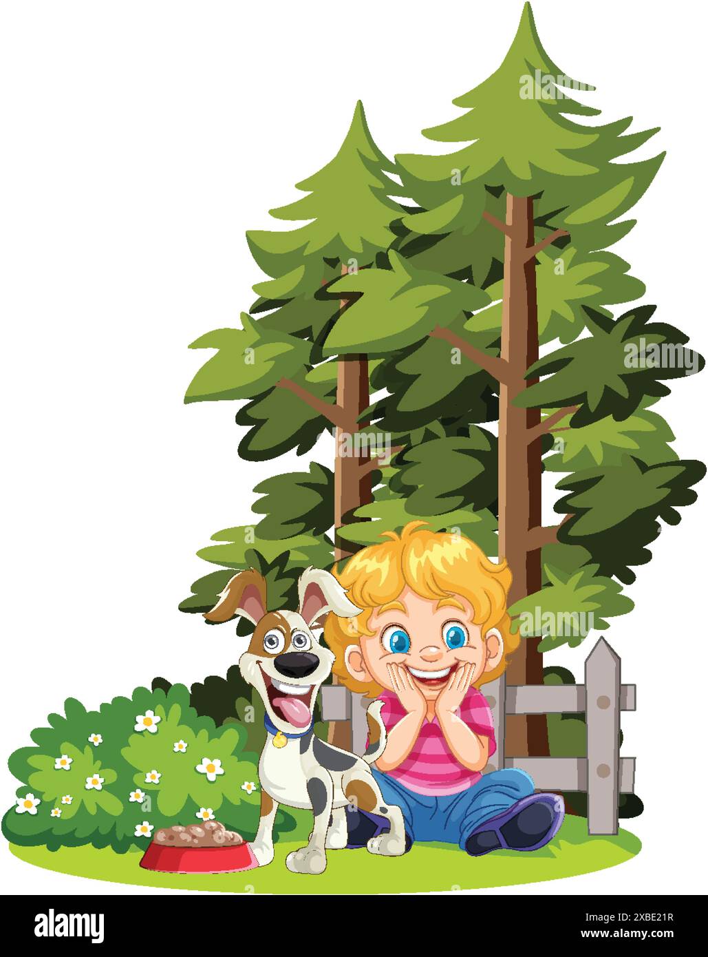 Happy child and dog sitting near trees Stock Vector Image & Art - Alamy