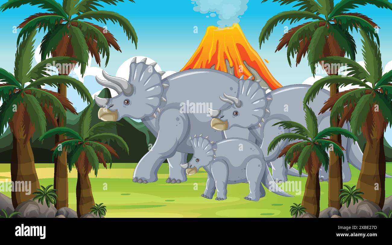 Dinosaurs walking near a volcano and palm trees Stock Vector Image ...
