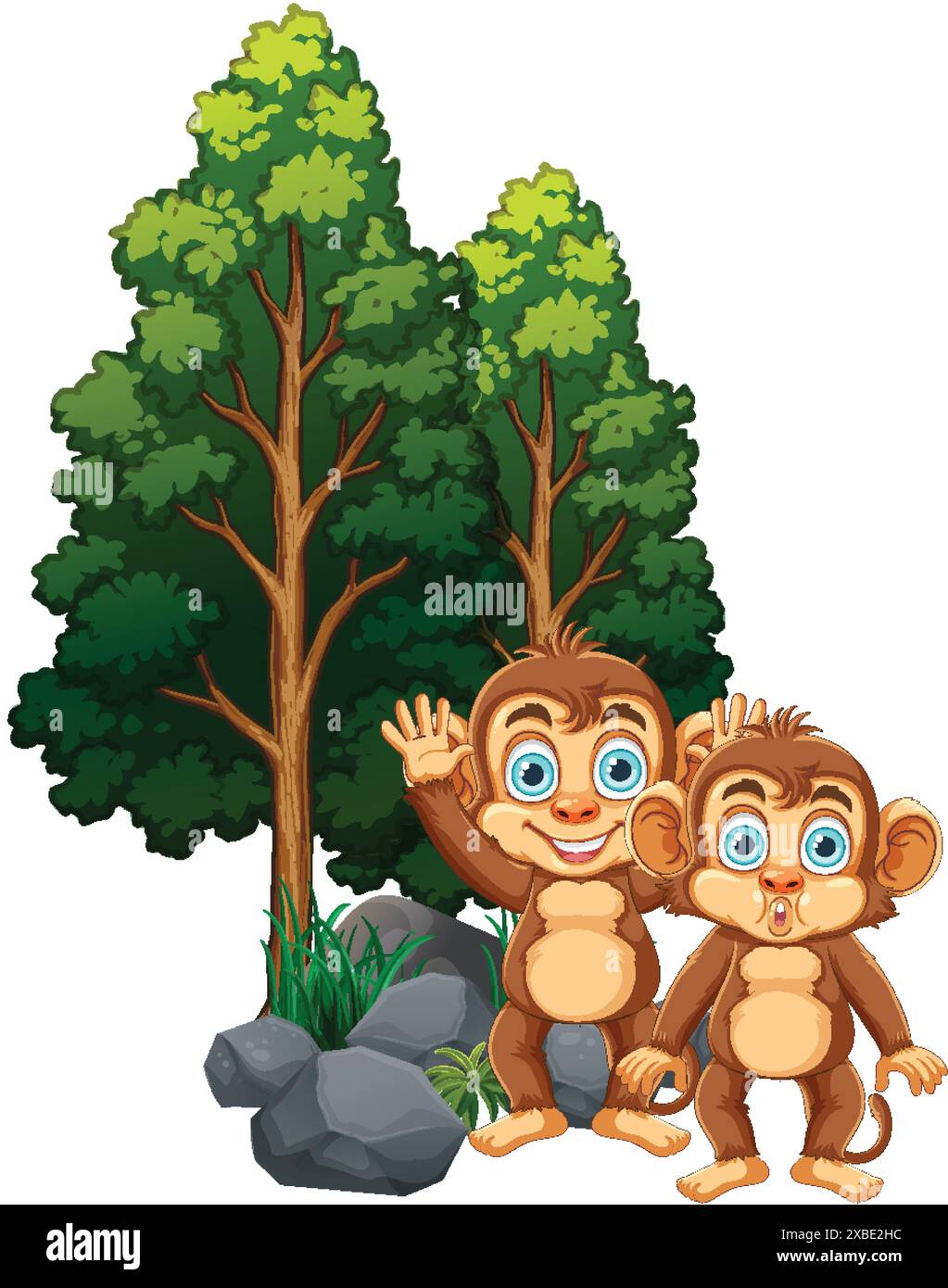 Two monkeys playing near trees and rocks Stock Vector Image & Art - Alamy
