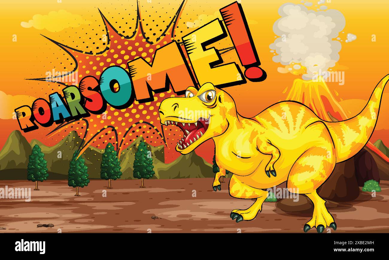 Colorful dinosaur with erupting volcano background Stock Vector Image ...