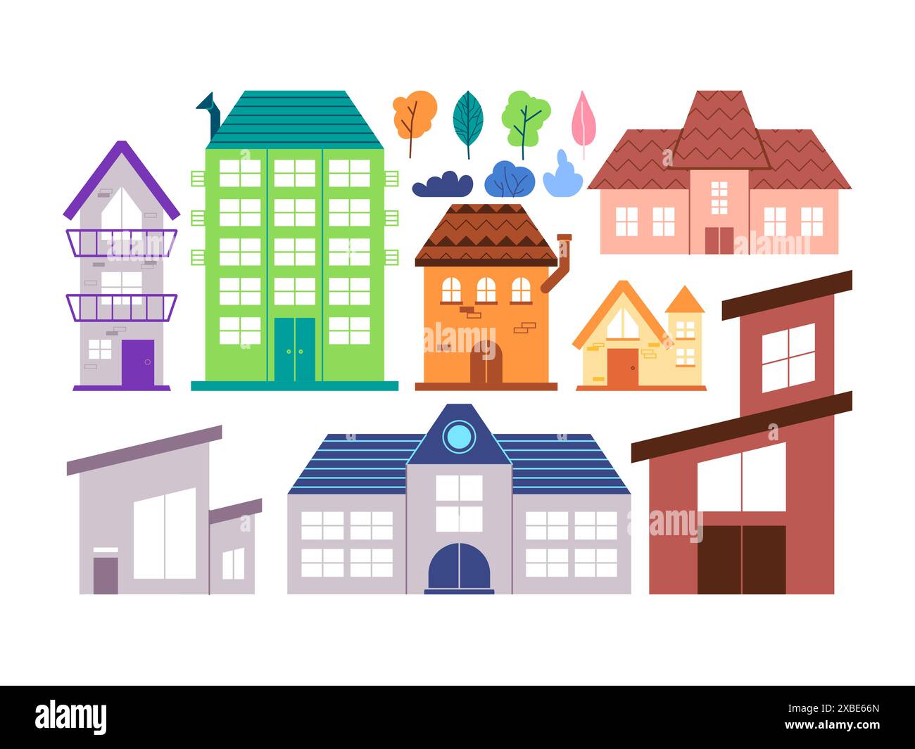 set various home residential building house cozy property with tree and ...