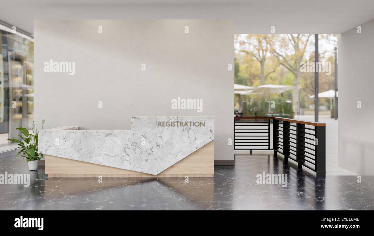 The interior design of a modern lobby entrance or reception desk ...