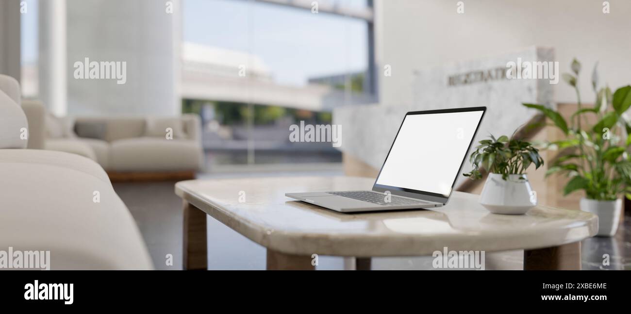 A close-up image of a laptop computer with a white-screen mockup on a ...