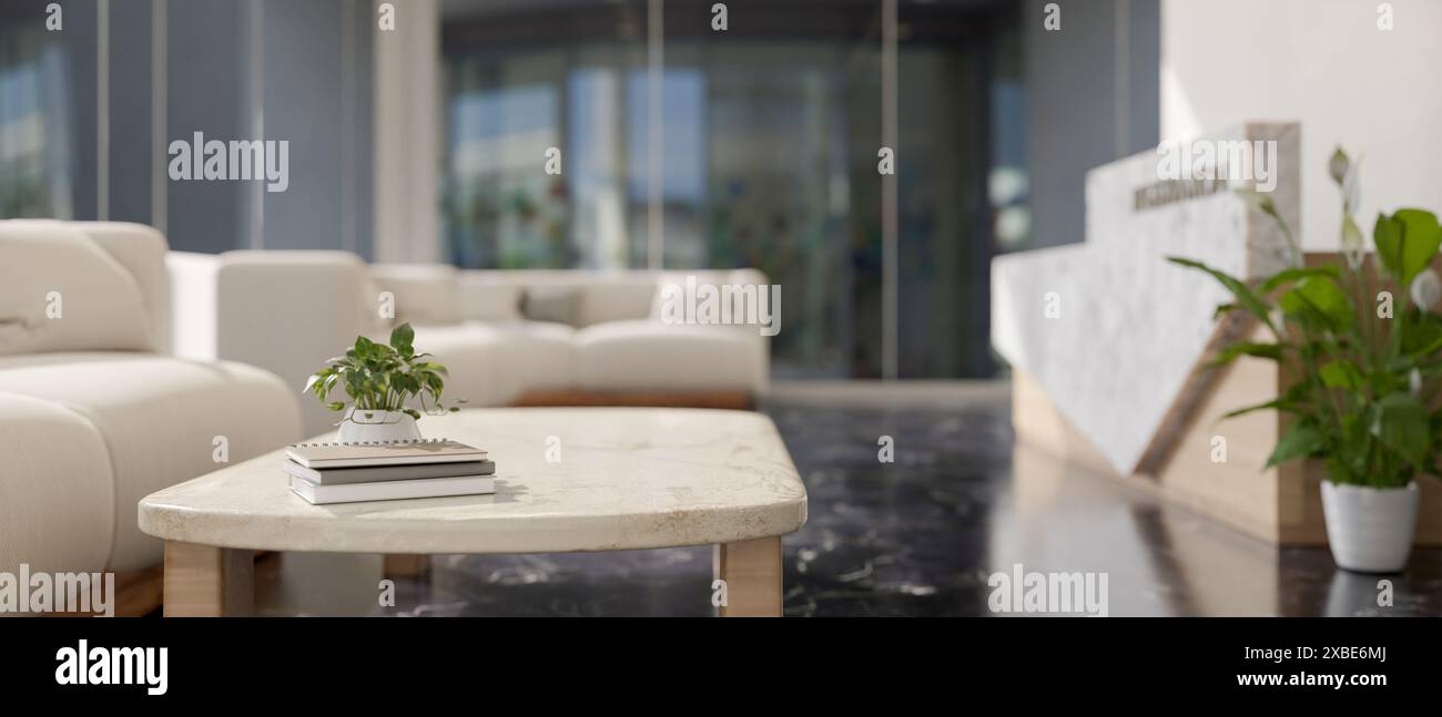 A close-up image of a minimalist white marble coffee table in a modern ...