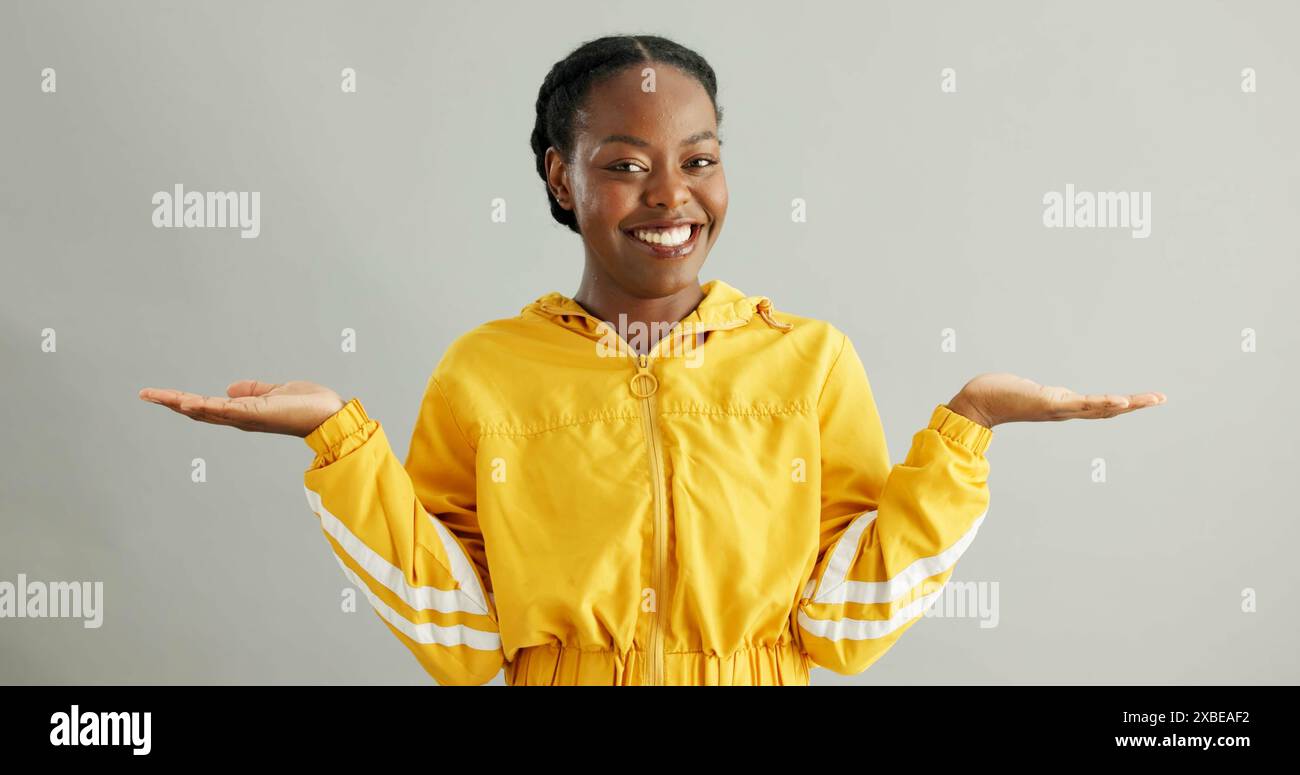 Portrait, options and black woman with open hands, choice and decision ...
