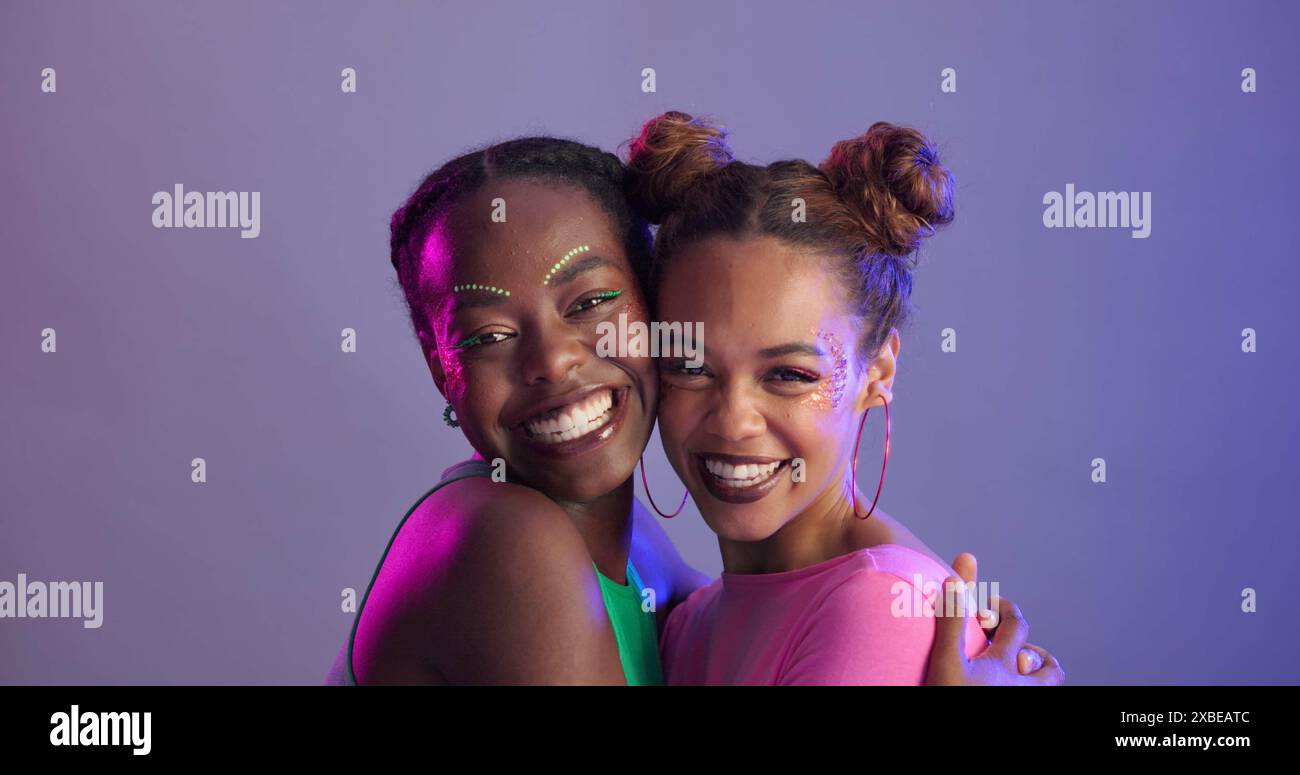 Portrait, women and friends with fashion, hug and makeup with funky ...