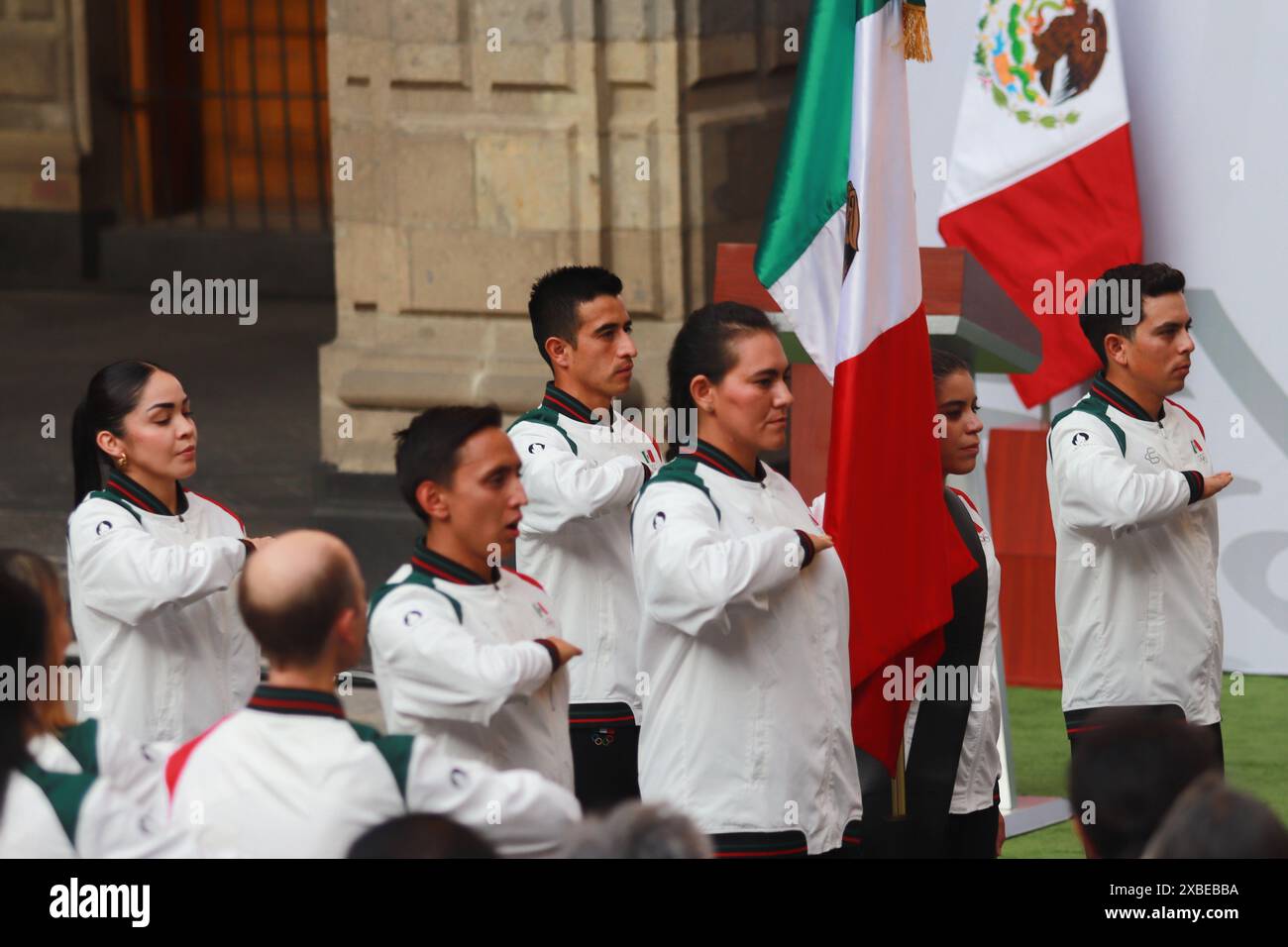 Mexico's Olympic team saluting the flag, during the flag-bearing ...
