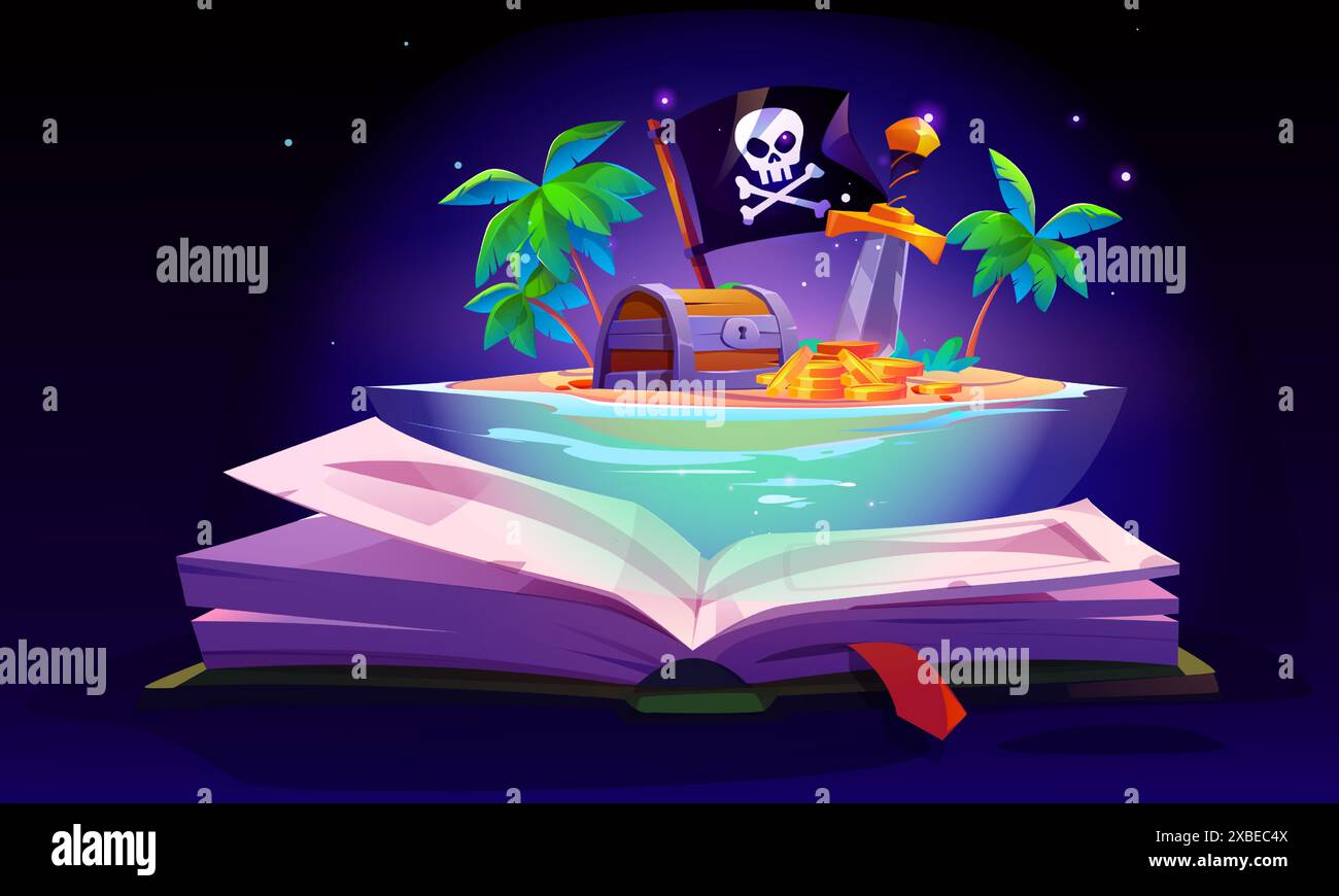 Open magic fairytale book with pirate island scene on paper pages ...