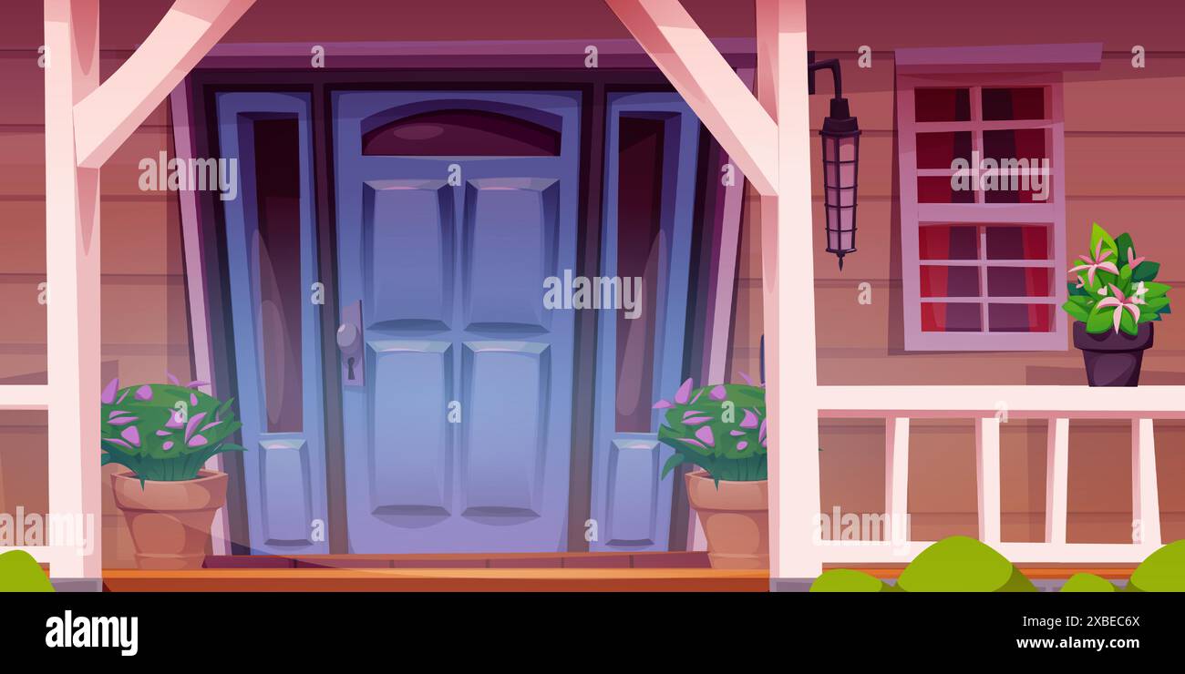 Home exterior facade with closed entrance door and wooden porch ...