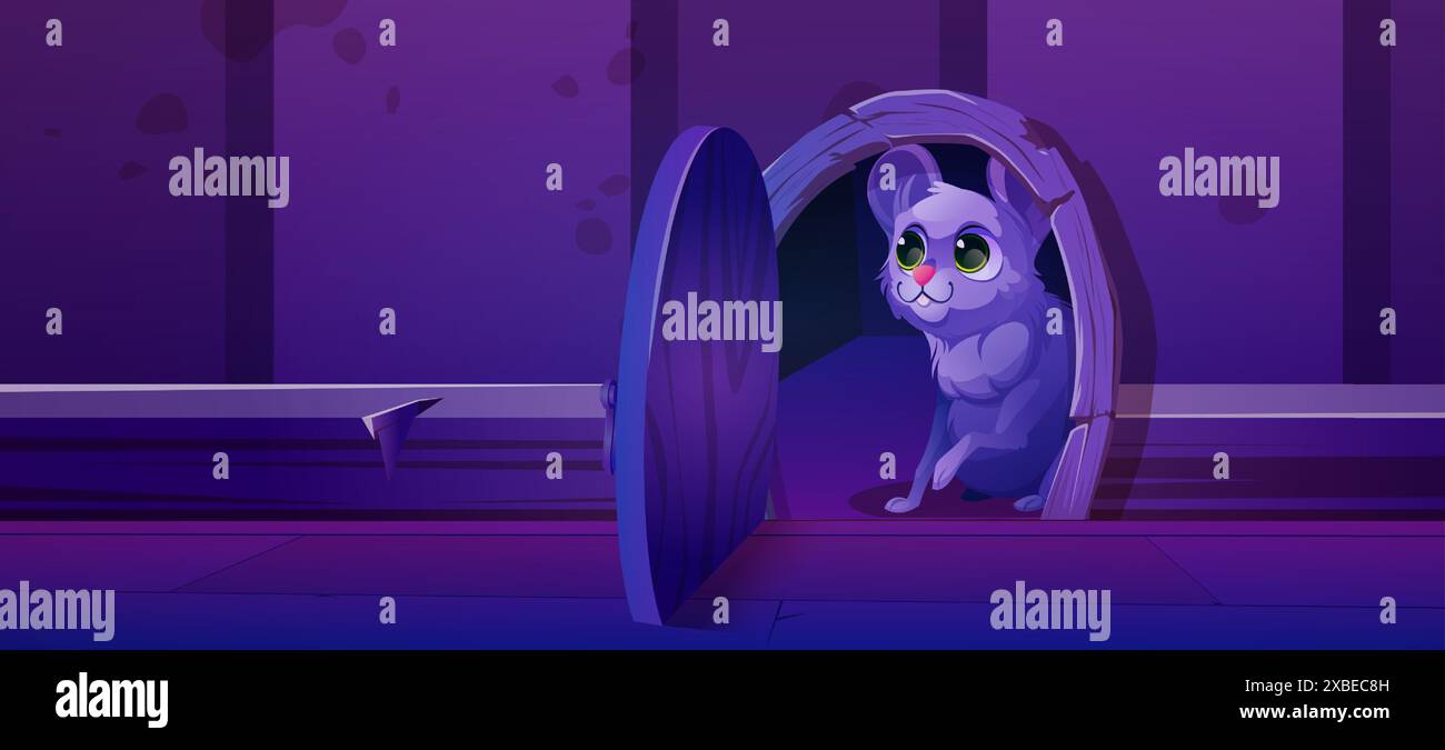 Cute little furry mouse carefully looking out of tiny house in ...