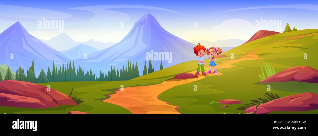 Children hiking in mountains. Vector cartoon illustration of happy boy ...