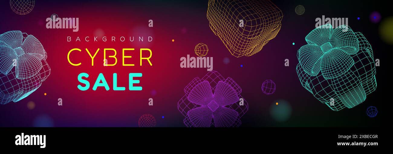 Cyber monday sale and discount promotion horizontal banner with neon ...