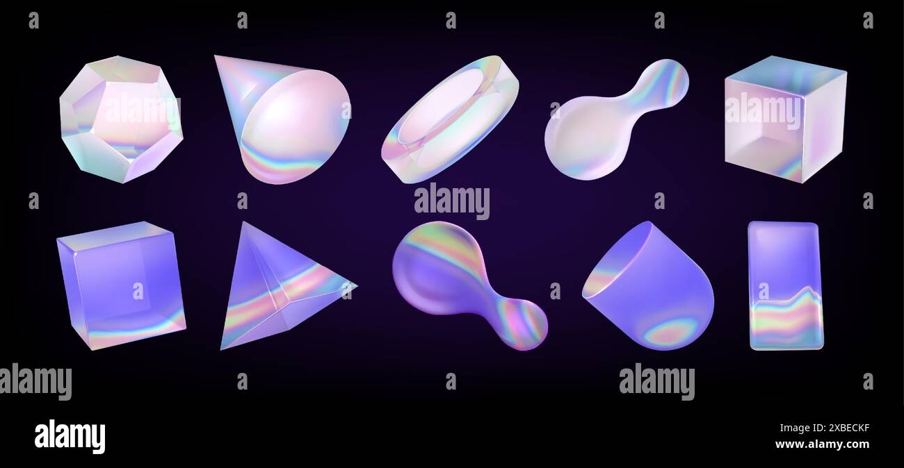 3D glass geometric objects set isolated on black background. Vector realistic illustration of ...