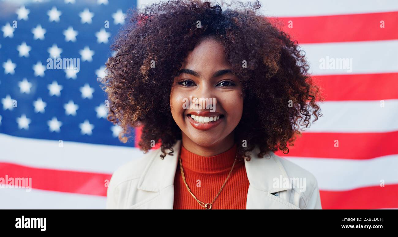 Black woman, portrait and american flag for independence day, pride and ...