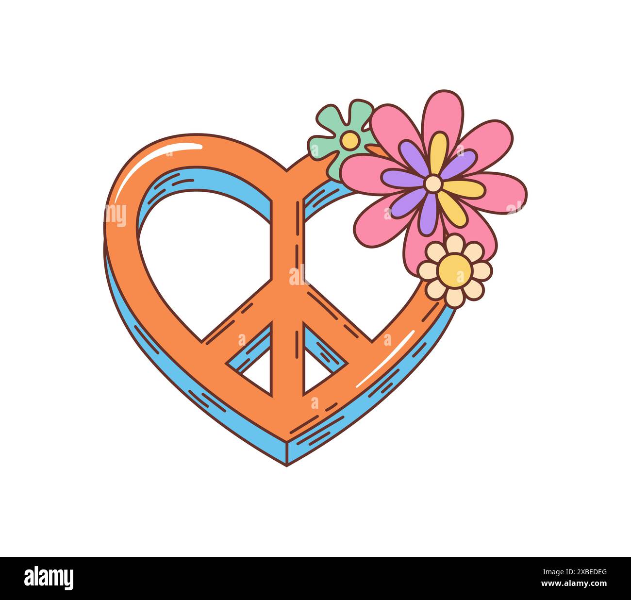 Retro groovy hippie heart with peace symbol and flowers, vector 70s ...