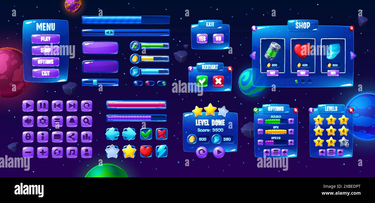 Galaxy space game interface, button and panel, loading bars asset. Vector menu, play, shop ...
