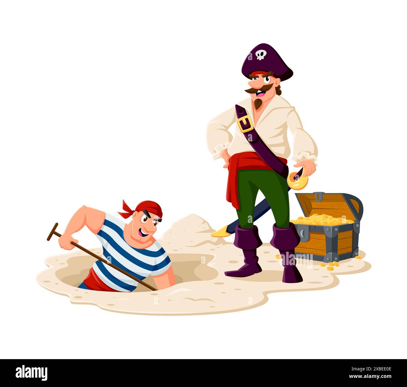 Cartoon pirate captain and corsair sailor burying a treasure. Vector ...