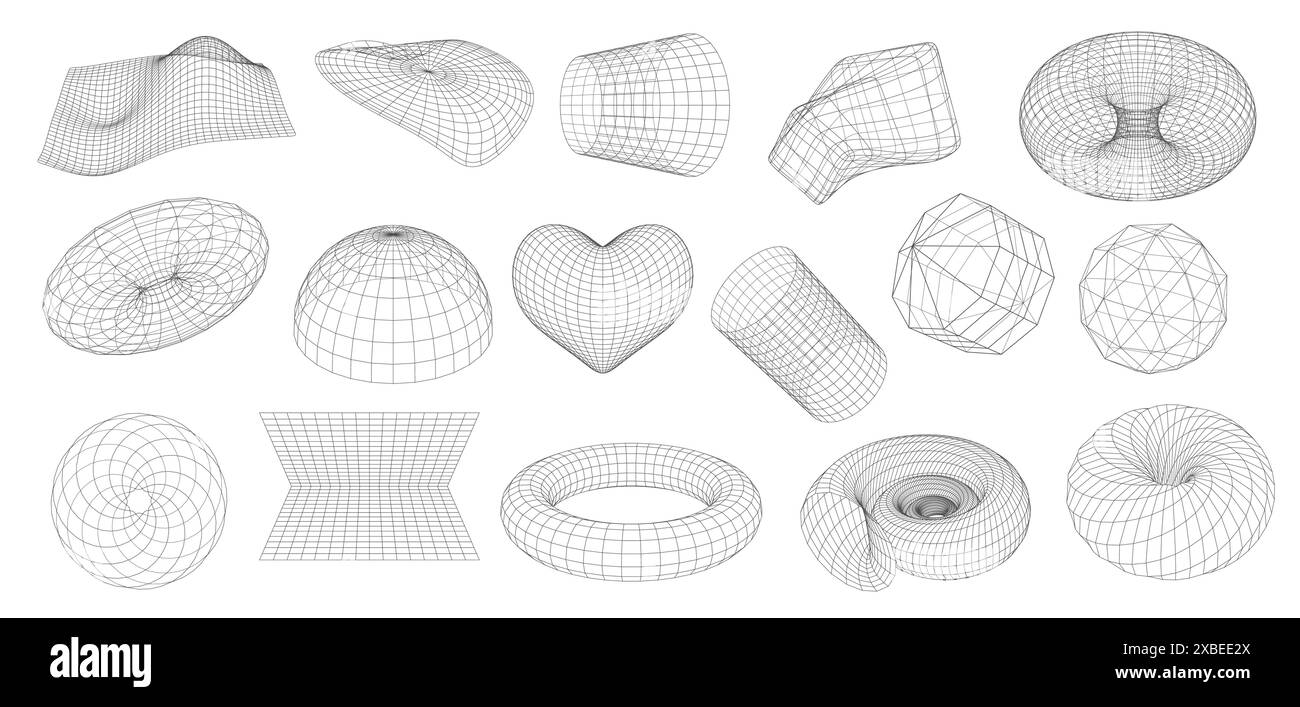 3d Wireframe shapes, geometric figures with grid surface. Heart, semi-sphere, torus and net ...