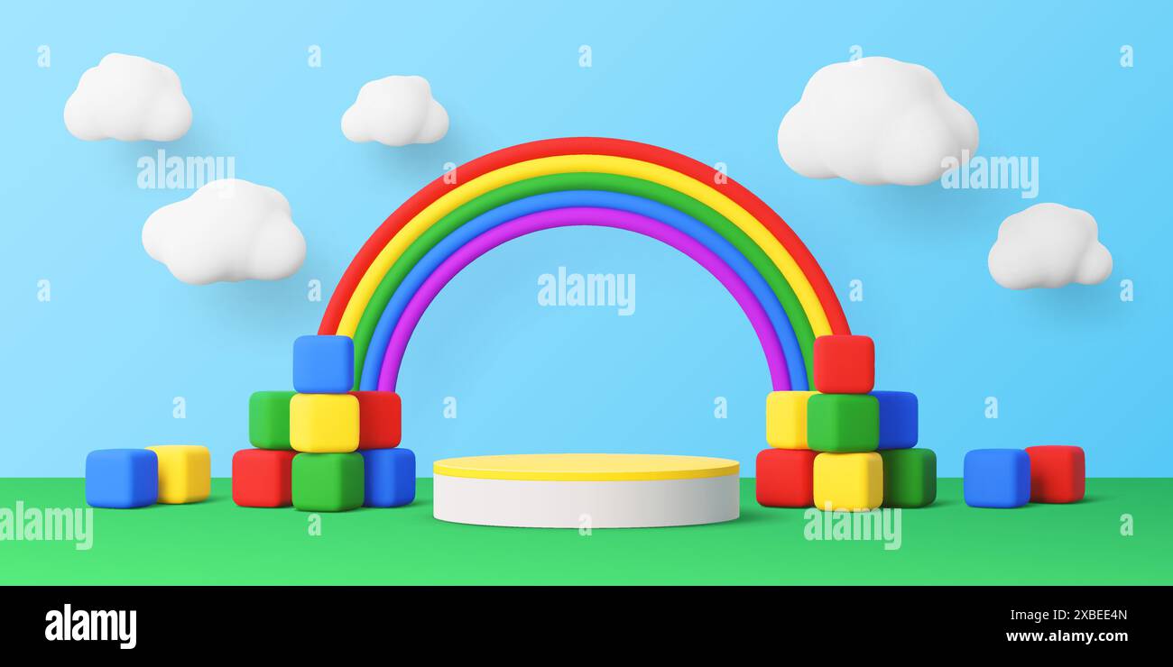 Kids podium stage with rainbow and toy blocks or 3D clouds in sky ...