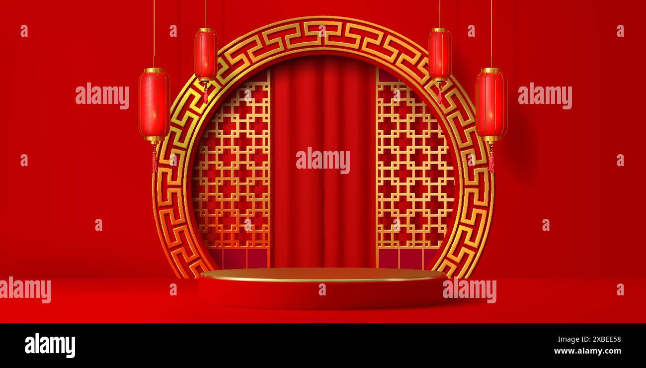 3D Chinese red podium stage with golden ornament arch and lanterns ...