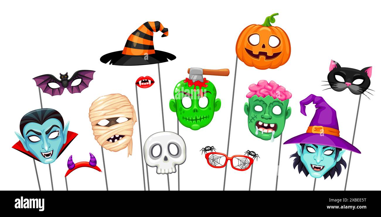 Halloween masks with props for photo booth. Isolated vector set cartoon ...